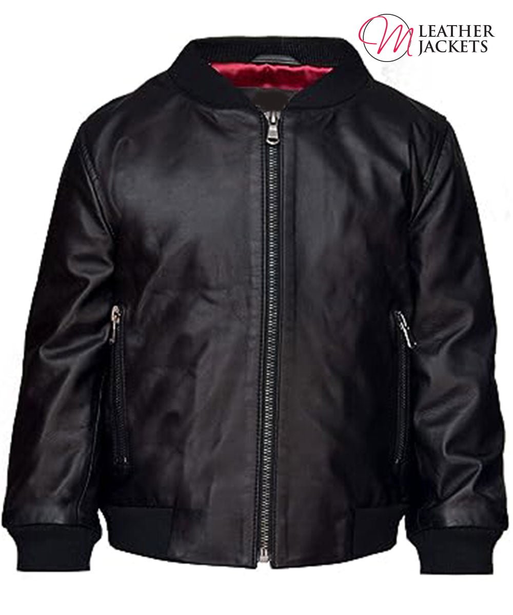 Black Leather Bomber Jacket for Kids - Boys